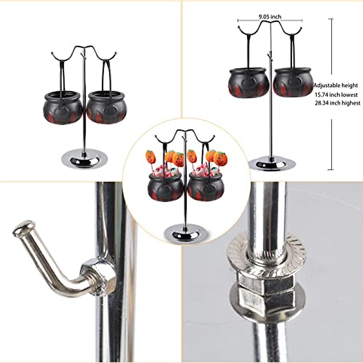 ChezMax Halloween Witch Cauldron, 2 Pack Plastic Candy Cauldron Flame Party Pots with Adjustable Holder, Black Spooky Halloween Bucket with Handle, Large Trick Or Treat Serving Bowls for Table Decor