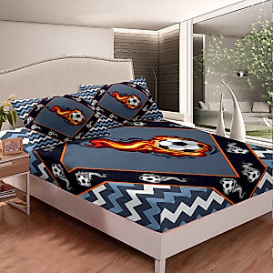 Erosebridal Soccer Sheet Set for Kids Boys Girls,Black Blue Geometric Striped Bed Sheets King,Flame Football Bedding Set,Modern Sports Ball Print Fitted Sheet + Top Sheet + 2 Pillowcases