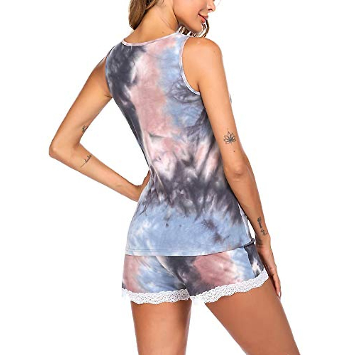Ekouaer Pajama Short Sets Tie Dye Print Lounge Set Sleeveless Womens Pj Sets Summer Sleepwear Set L