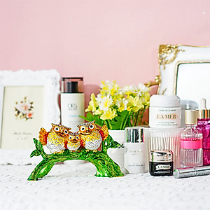 YU FENG 6.9inch Hand-painted Enamel Owl Family On Branch Figurine Trinket Box Collectible Hinged Jewelry Organizer Ring Earrings Storage Unique Home Decor Gift