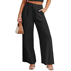Caracilia Womens Summer Linen Palazzo Pants Wide Leg High Waist Business Casual Work Lightweight Trousers Loose Pleated Elastic Waist Dressy Pants 2024 Black Fashion Outfits with Pocket C118A3-heise-L