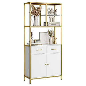 HITHOS 71" Tall Bookshelf, Modern White and Gold Bookcase, Book Shelves with Drawers and Storage Cabinet, Metal Etagere Bookcase Display Shelves for Home Office, Gold/White