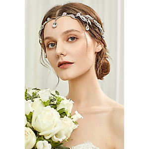 BABEYOND Elegant Rhinestone Leaf Wedding Bridal Bridesmaid Forehead Band Dangle Rhinestone Bridal Tiara Crown with Gift Box , Silver, One size