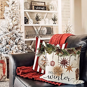 DFXSZ Christmas Pillow Covers 18x18 inch Set of 4 Christmas Tree Gloves Hello winter Decorative Red White Stripe Throw Pillow Covers Winter Farmhouse Decoration for Home couch 134