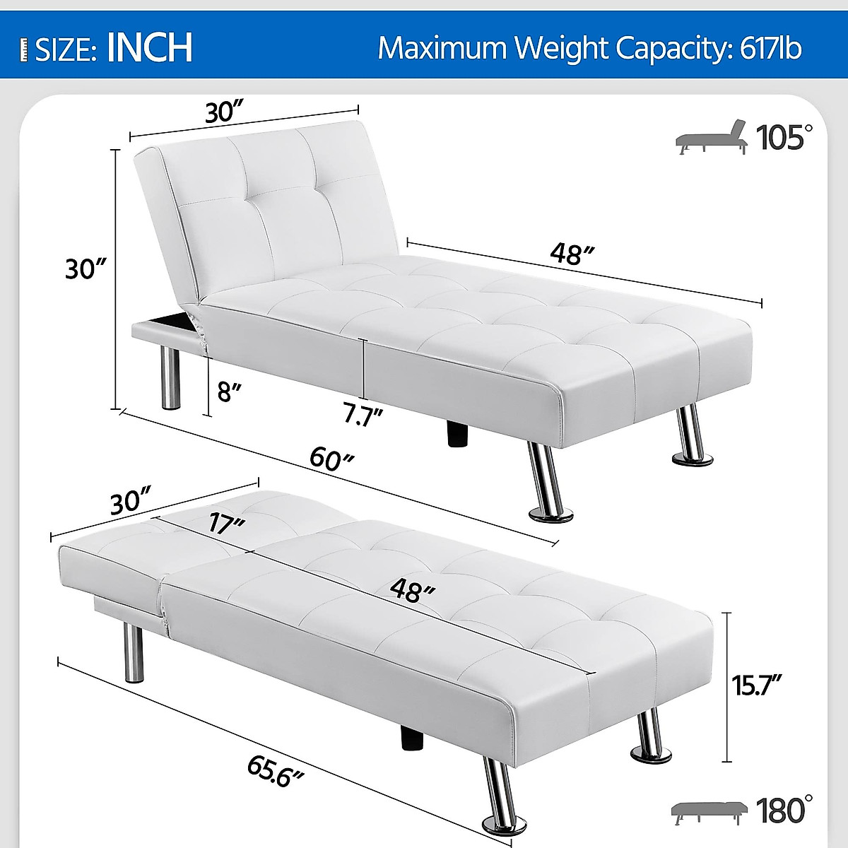 Yaheetech Sectional Living Room Couch Sofa Bed Faux Leather Sofa Couch Bed Modern Convertible Folding Recliner with Chrome Metal Legs for Living Room in White