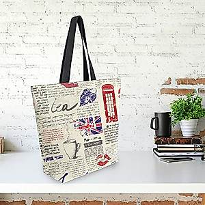 ALAZA Newspaper British Flag Retro Canvas Tote Bag for womenLarge Women Casual Shoulder Bag Handbag,Shopping Grocery Cotton Bag Reusable,Multipurpose,Heavy Duty For Outdoors Weekender Travel