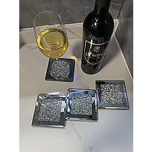 Diamond Glass Coasters for Coffee Table - Crystal Coasters for Drinks, Cup Coaster Set Silver Decor for Bar and Home Parties (4x4 inch, Square Silver)
