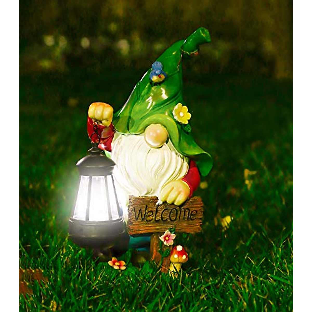 WOGOON Garden Gnome Statue, Resin Figurine with Bright Solar Lantern Lights and Welcome Sign, Outdoor Solar-Powered Illumination Yard Art Decorations for Indoor Outdoor Patio Lawn Garden Room