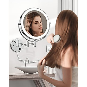 Gospire 9” Wall Mounted Lighted Makeup Vanity Mirror with 3 Color Lights & Stepless Dimming, 1X/10X Magnifying LED Double Sided Bathroom Touch Sensor Extendable Arm 360° Swivel Shaving Cosmetic Mirror