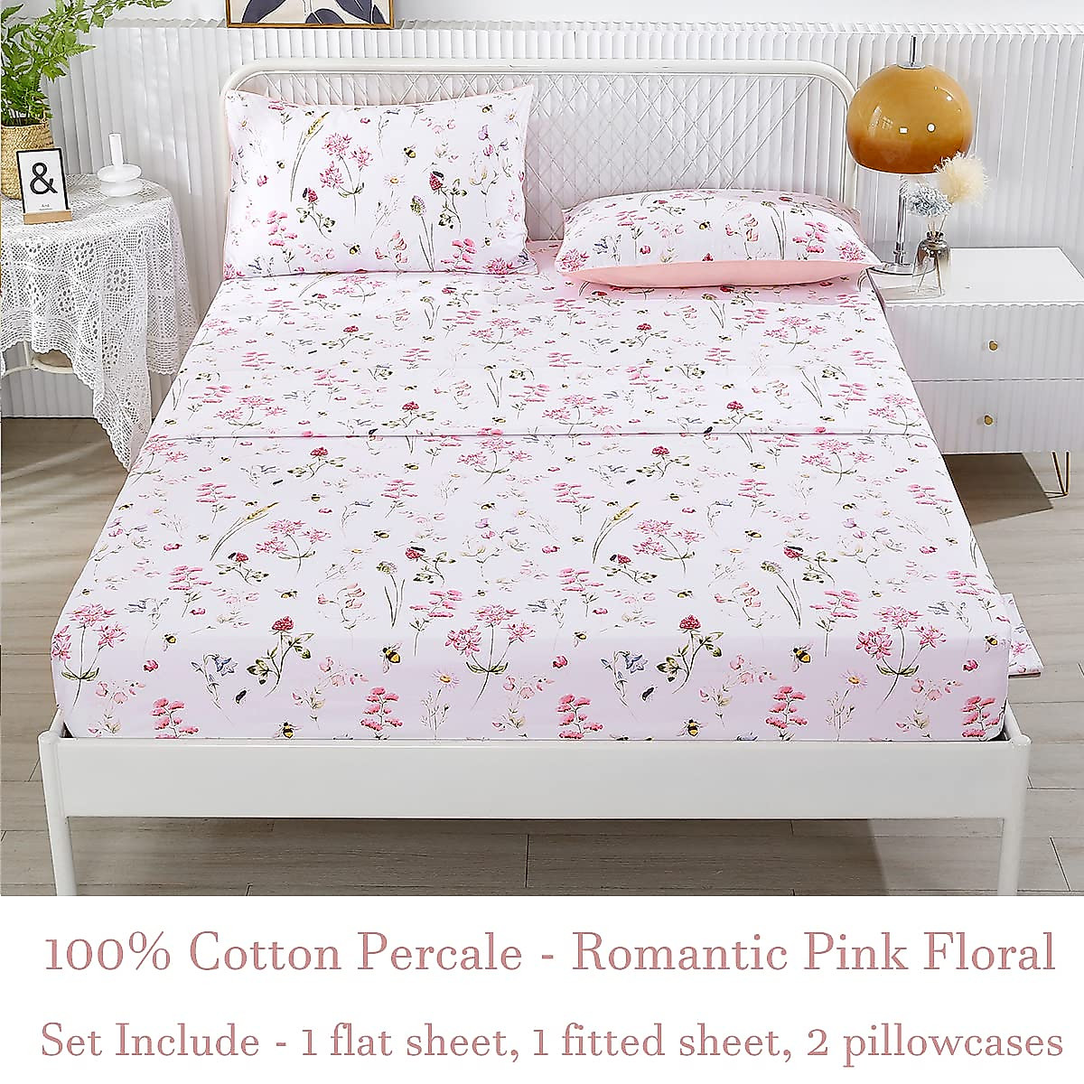 URBONUR 100% Egyptian Cotton Bed Sheets Full Size Set 4 Pcs,Cooling,Breathable Soft & Silky Percale Weave Floral Sheets Fits Mattress Up to 16" Deep Pocket (Pink Flowers & Bees, Full)