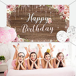 Happy Birthday Backdrop Decorations for Women Background Party Supplies Rose Backdrop Photography for Girls Boys Floral Glitters Banner Wedding Baby Shower Decor (Woodgrain)