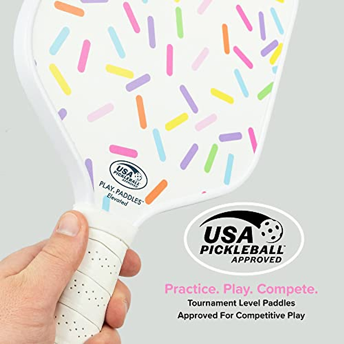 Play Paddles Indoor/Outdoor Pickleball Paddle - USA Pickleball Approved - Carbon Fiber and Polymer Honeycomb Composite Core - Hyper-Grip™ Surface and Graphite Face - Cushioned Grip Handle (Sprinkles)