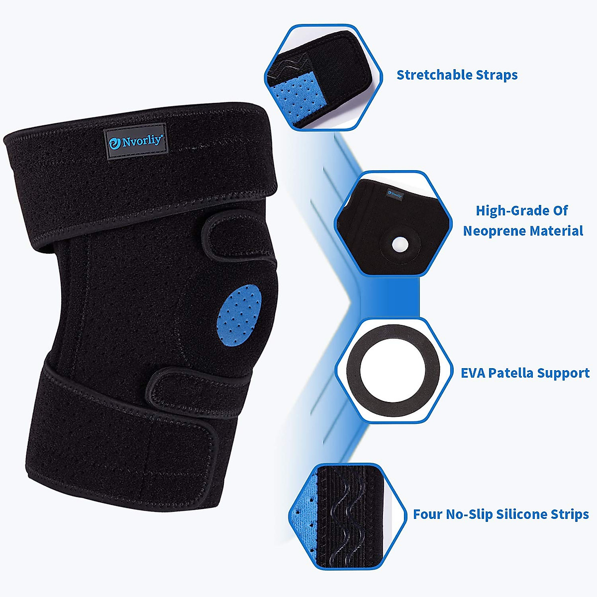 Nvorliy Plus Size Knee Brace for Knee Pain, Extra Large Knee Brace for Women and Men, Adjustable Knee Support with Side Stabilizers for Knee Pain Relief, Arthritis, ACL, LCL, MCL, Injury Recovery