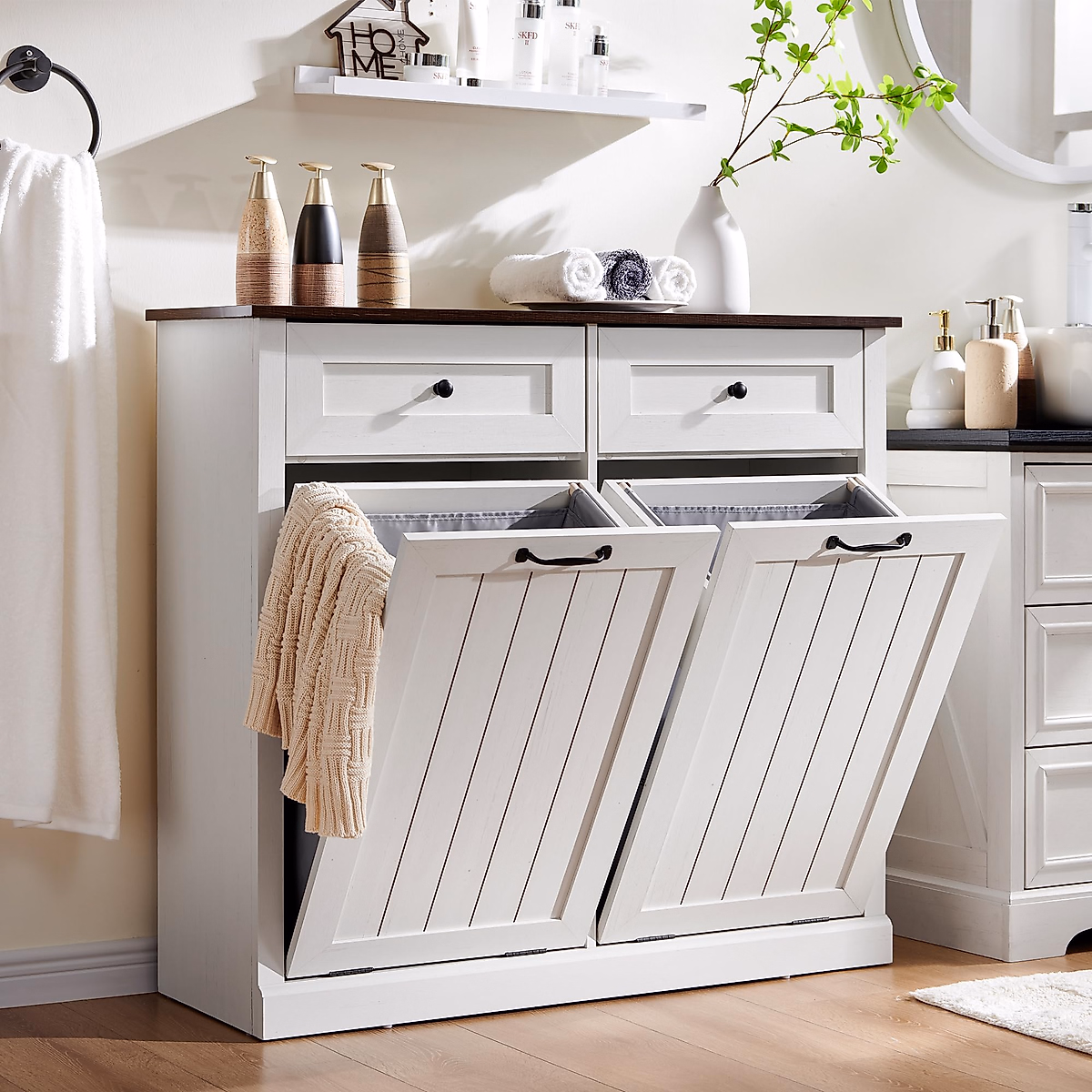 IFBUY Double Tilt Out Laundry Hamper Cabinet, 20 Gallon Farmhouse Trash Can Cabinet with Drawer, Hidden Wood Garbage Can Bin Cabinet with Laundry Storage Basket for Bathroom, Kitchen (White)