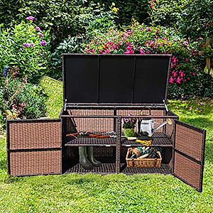 HAPPYGRILL Deck Box Outdoor Wicker Storage Box Cabinet 88 Gallon Storage Container Bin Box for Toys Furniture Tools in Garden Balcony Porch Yard