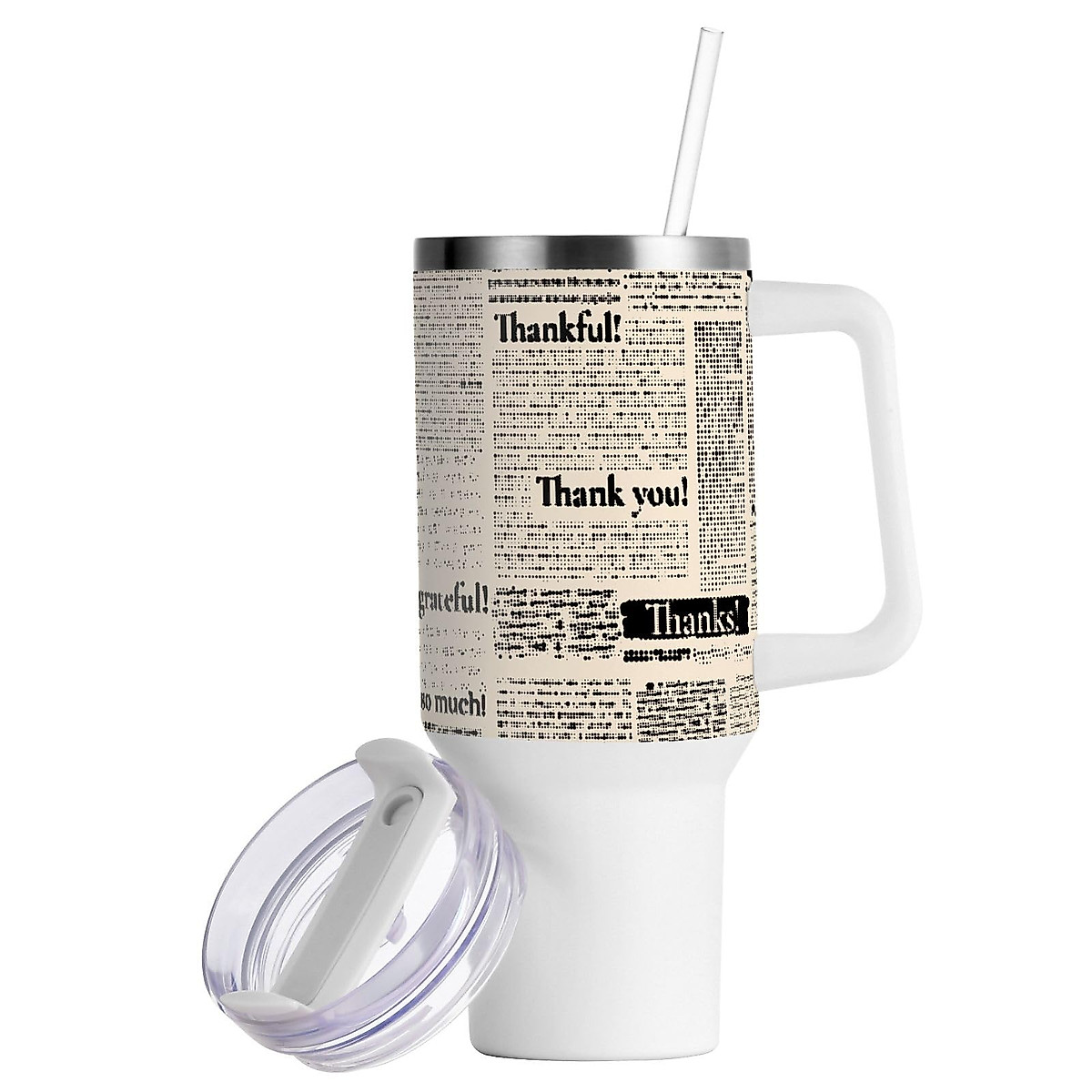 Takiito Newspaper Tumbler with Handle, Stainless Steel Vacuum Insulated Tumbler with Lid and Straw Fit Car Cup Holder, Leak-Proof BPA Free