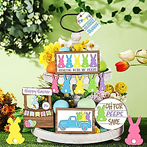 12 Pcs Easter Tiered Tray Decor Set Easter Bunny Wood Sign Rustic Farmhouse Decor Tiered Tray Decorative Trays Signs for Easter Table Holiday