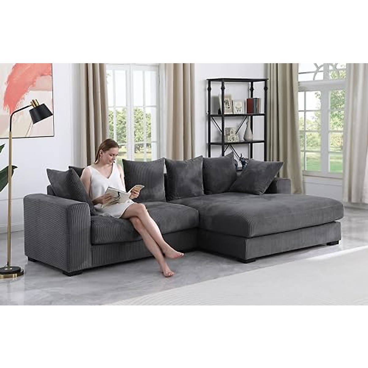 Eafurn Luxe Upholstered Right Facing Chaise Lounge Sectional Sofa in Soft Corduroy Fabric with Removable Cushions, Oversized Sleeper Couch Bed for Relaxing in Living Room or Bedroom