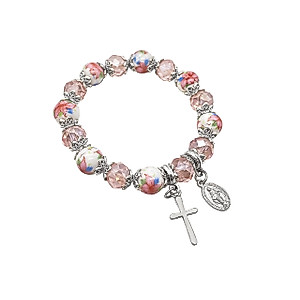 Nazareth Store Religious Cross Bracelet Pink Crystal Beaded Stretch Rosary Bracelet with Ceramic Flowers Beads Bangle Crucifix & Miraculous Medal Charm