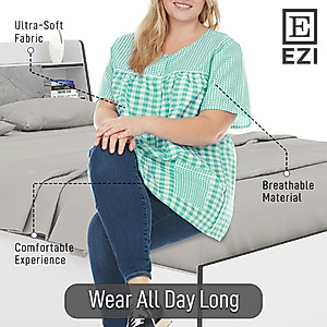 Ezi Women's Snap Front Short Sleeve Gingham Shift Seersucker Housecoat Apron Shirt Blue