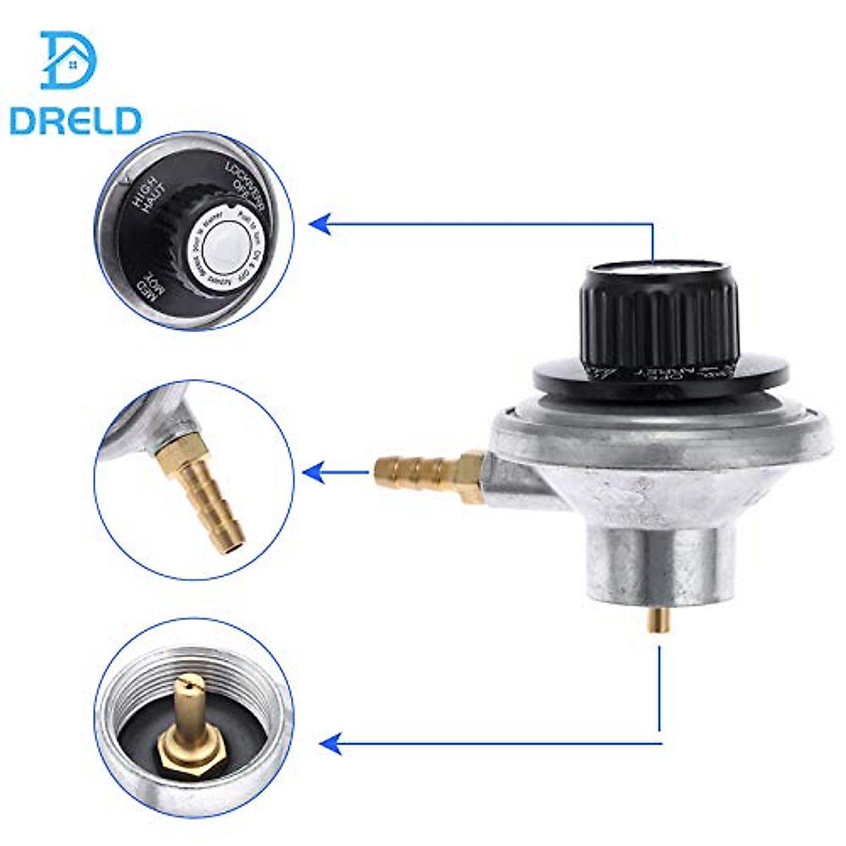 DRELD Low Pressure One Pound Adjustable Propane Tank Gas Regulator Knob, Table Top Control Valve with 1/4" Quick Barb Connection and 1"-20 Female Throwaway Cylinder Thread Inlet