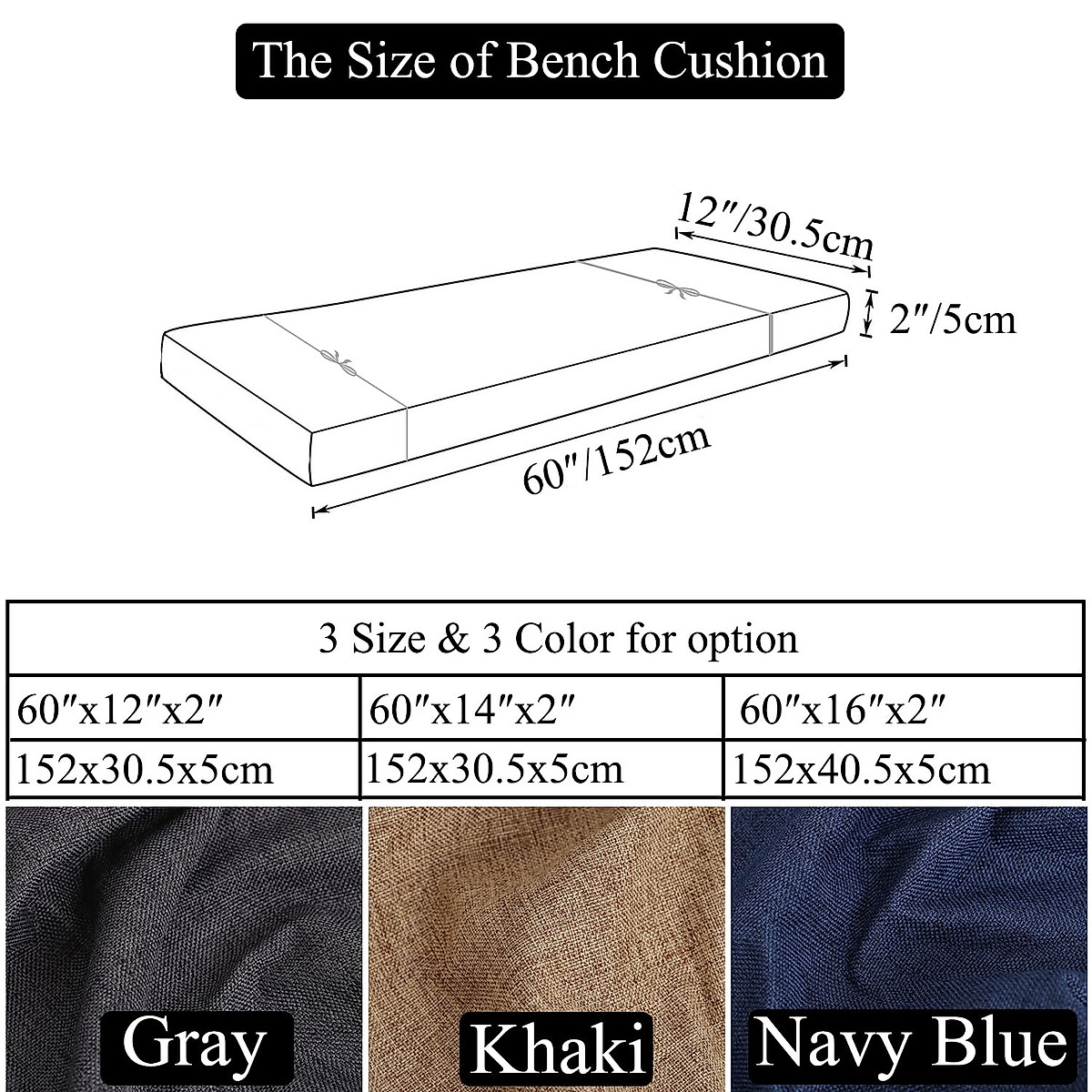 Barpoullar Custom Long Dining Bench Cushion with Ties for Indoor Furniture Non-slip Rectangle Window Seat Cushions 60″x12″ Inch, Khaki