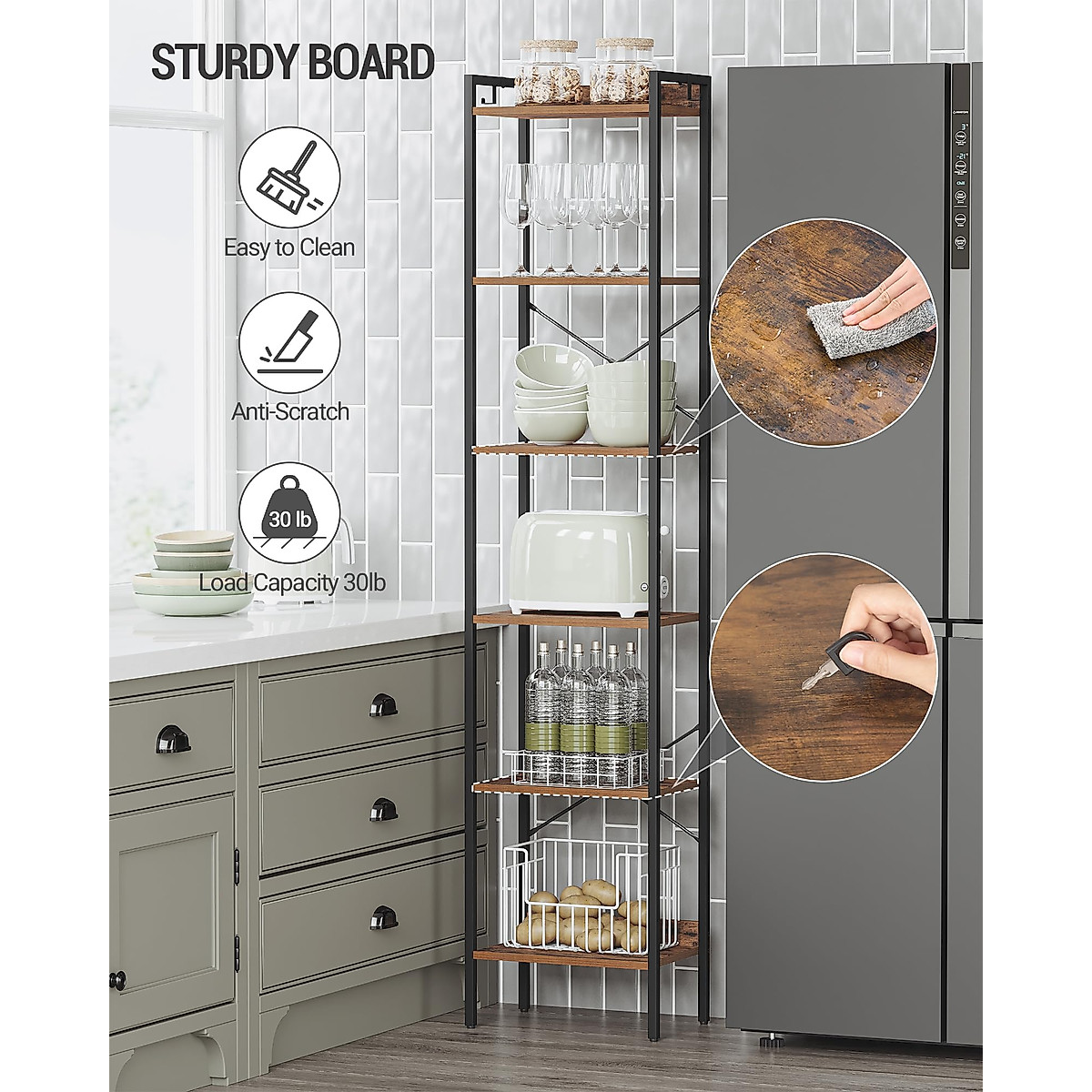 Hzuaneri Bookshelf, Book Shelf, Industrial Bookcase with 2 Hooks, Coner Shelf Storage Organizer for Home Office, Living Room, Bedroom, Kitchen, 6-Tier Rustic Brown BC10701B