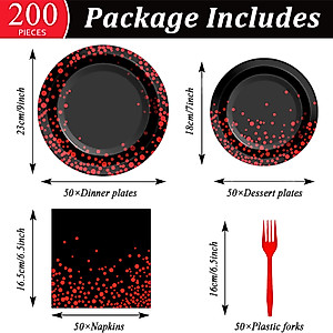 50 Guests Red and Black Birthday Party Supplies Set Red Dot on Black Disposable Plates Napkins Red and Black Tableware Set Party Papaer Dinnerware for Birthday Graduation Wedding Decorations 200Pcs