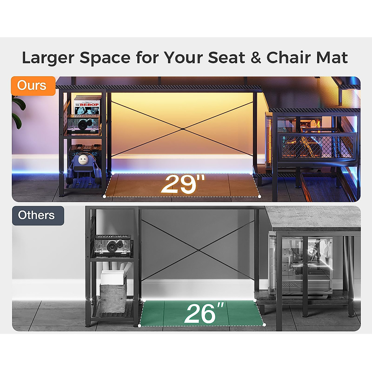 ODK 59" L Shaped Gaming Desk with Power Outlet and LED Lights, PC Gaming Table with USB Ports, Reversible L Shape Desk with Storage Shelves & Monitor Stand, Home Office Desk, Black Carbon Fiber