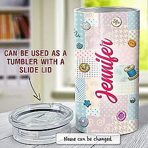 SANDJEST Personalized Sewing Tumbler Sewing Pattern 4 in 1 16oz Tumbler Can Cooler Coozie Stainless Steel Tumbler Gift for Women Quilting Crochet Lover Mom Grandma Birthday Christmas