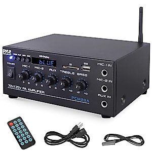 Pyle Compact Mini Home Power Amplifier - 40W Smart Small Audio Stereo Receiver w/ AUX 2 Microphone IN COM/8-Ohm/25V/70V Speakers LED Input Selector For PA Amplified Speaker Sound System PCM20A