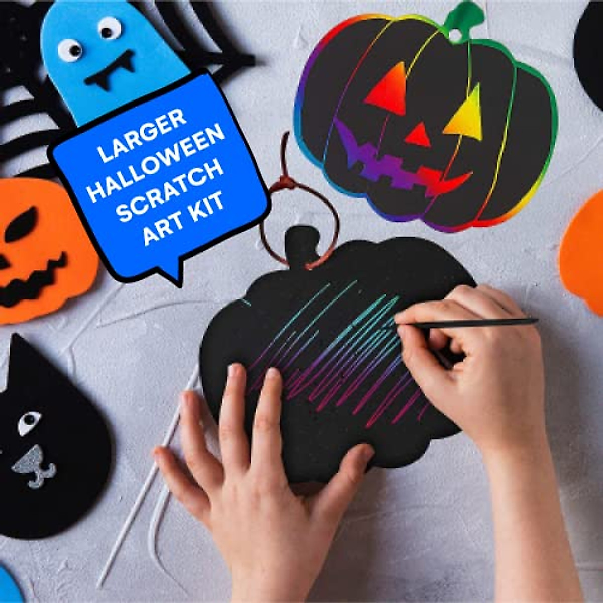 Neliblu Halloween Scratch Art Trick or Treak Paper Crafts Kit Bulk Pack of Halloween Pumpkins with Magic Rainbow Colors - 24 Pumpkin Ornaments, 24 Scratch Sticks, 24 Ribbons
