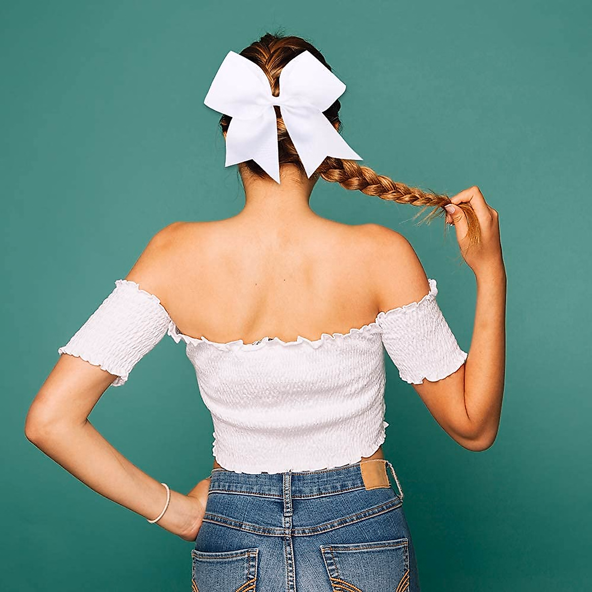 Oaoleer 8inch Jumbo Large Cheer Bows Ponytail Holder Elastic Band Handmade Boutique Hair Accessories for Cheerleading Teen Girls College Women Sports (1PCS, White)