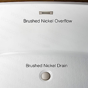 WOODBRIDGE 59" Freestanding Acylic Soaking Bathtub with White, Drain and Overflow inBrushed, BTA1509-B/N-Drain &O + Pillow, with Brushed Nickel Drian