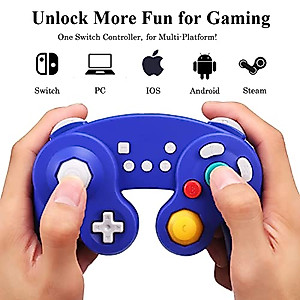 EXLENE Gamecube Controller Switch, Wireless Switch Pro Controller for Nintendo Switch/Lite/PC/Android/Ios/Steam, Support Wake Up, Motion, Adjustable Vibration, Turbo & Auto Turbo (Upgraded,Blue)