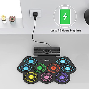 PAXCESS Portable 9 Pad Roll-Up Electronic Drum Set with Realistic Sounds, Foot Pedals, Drumsticks, Built-In Speaker, and Rechargeable Battery