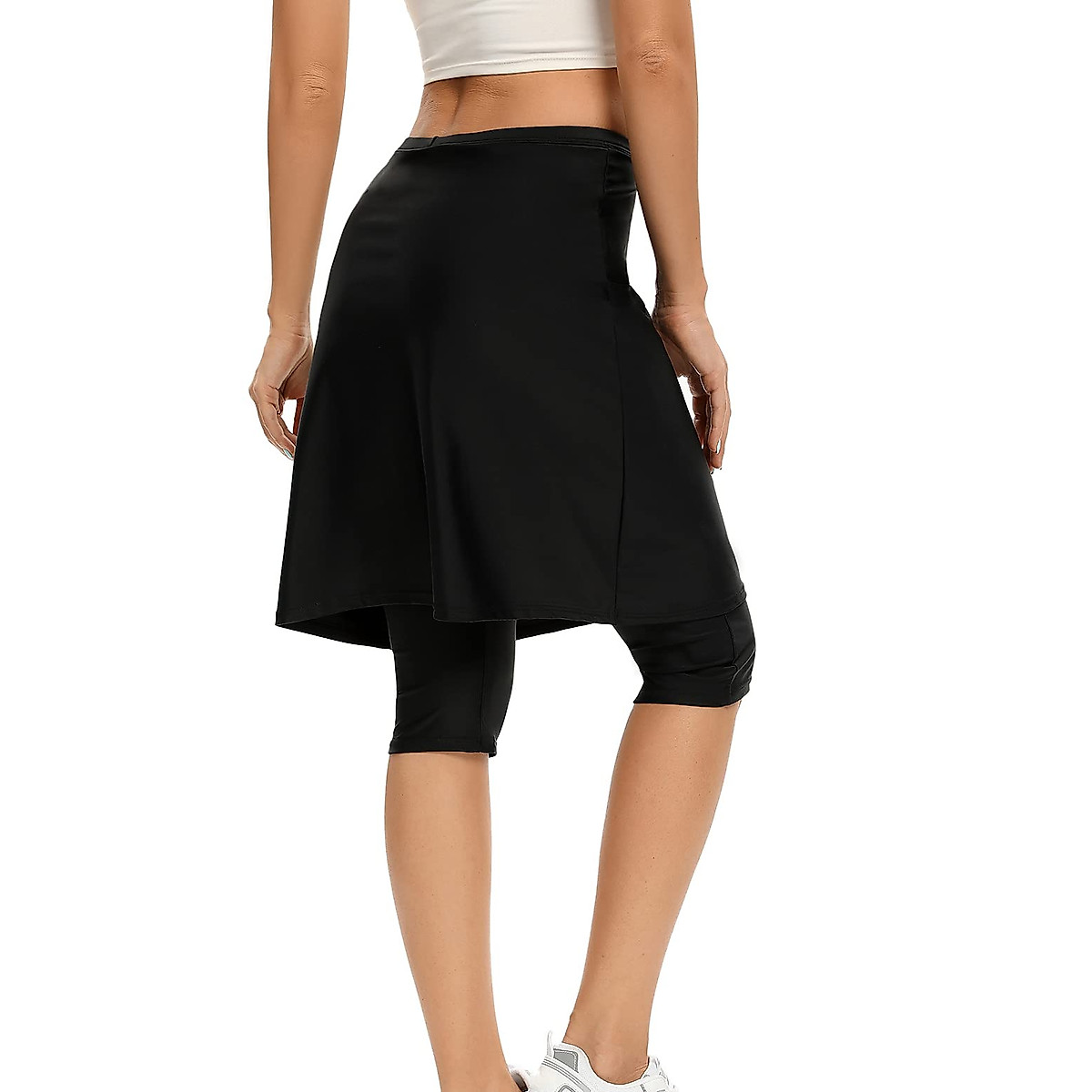 MAXE Women Swim Skirt with Legging Sun Protective UPF 50+ Swimming Tight Attached Skort Capris Black, Small