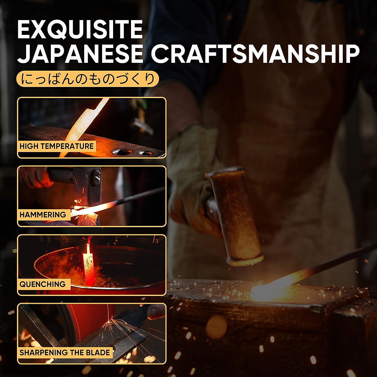 Huusk Japanese Gyuto Chef Knife - 8" Hand Forged Knives, 3 Layers 9CR18MOV High Carbon Kitchen Knife, Professional Sharp Cooking Knife with Ergonomic Handle for Meat, Vegetables, Fish