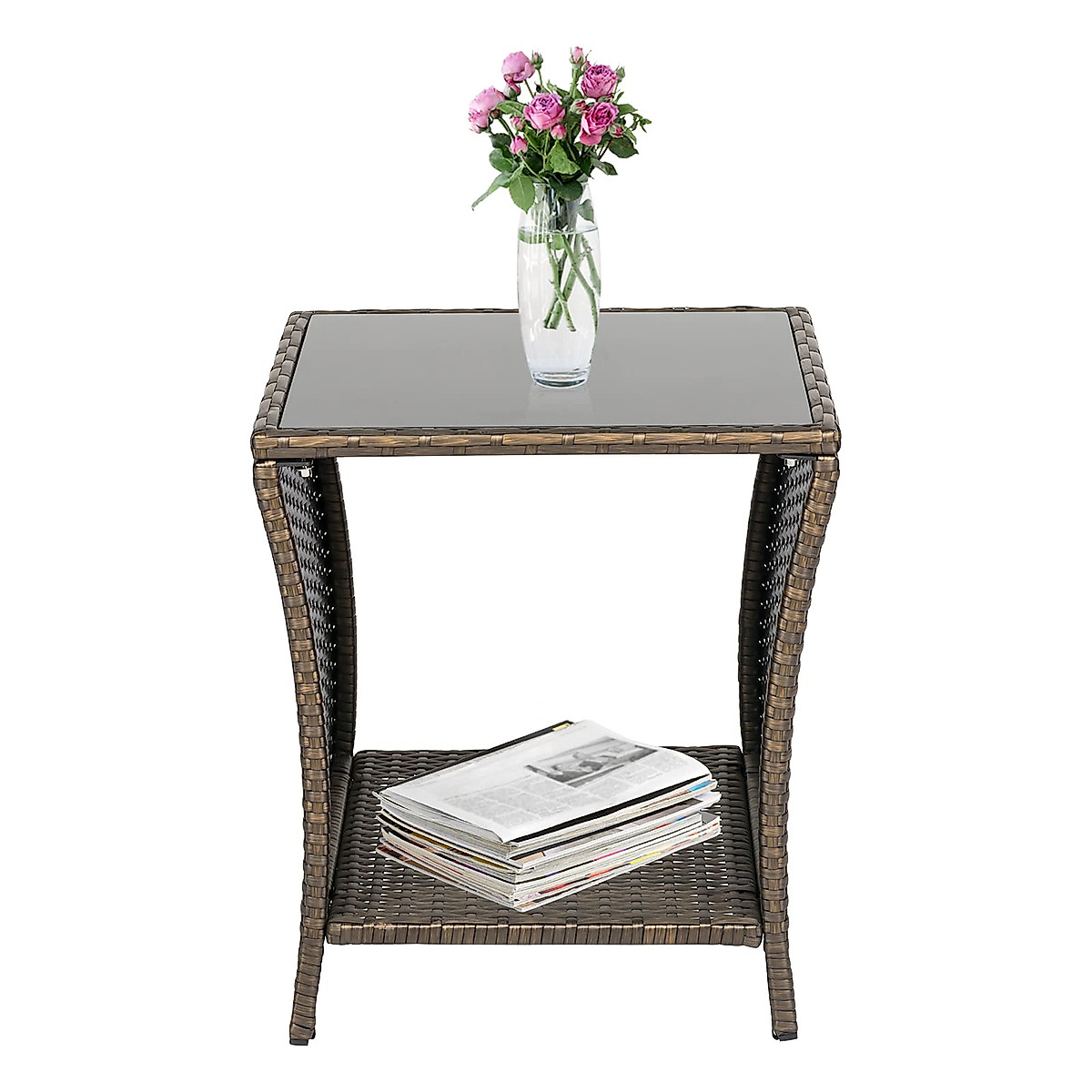 Kinsunny Outdoor Bistro Table PE Wicker Rattan Side Table Square End Table with Glass Top for Backyard Lawn Balcony, Brown