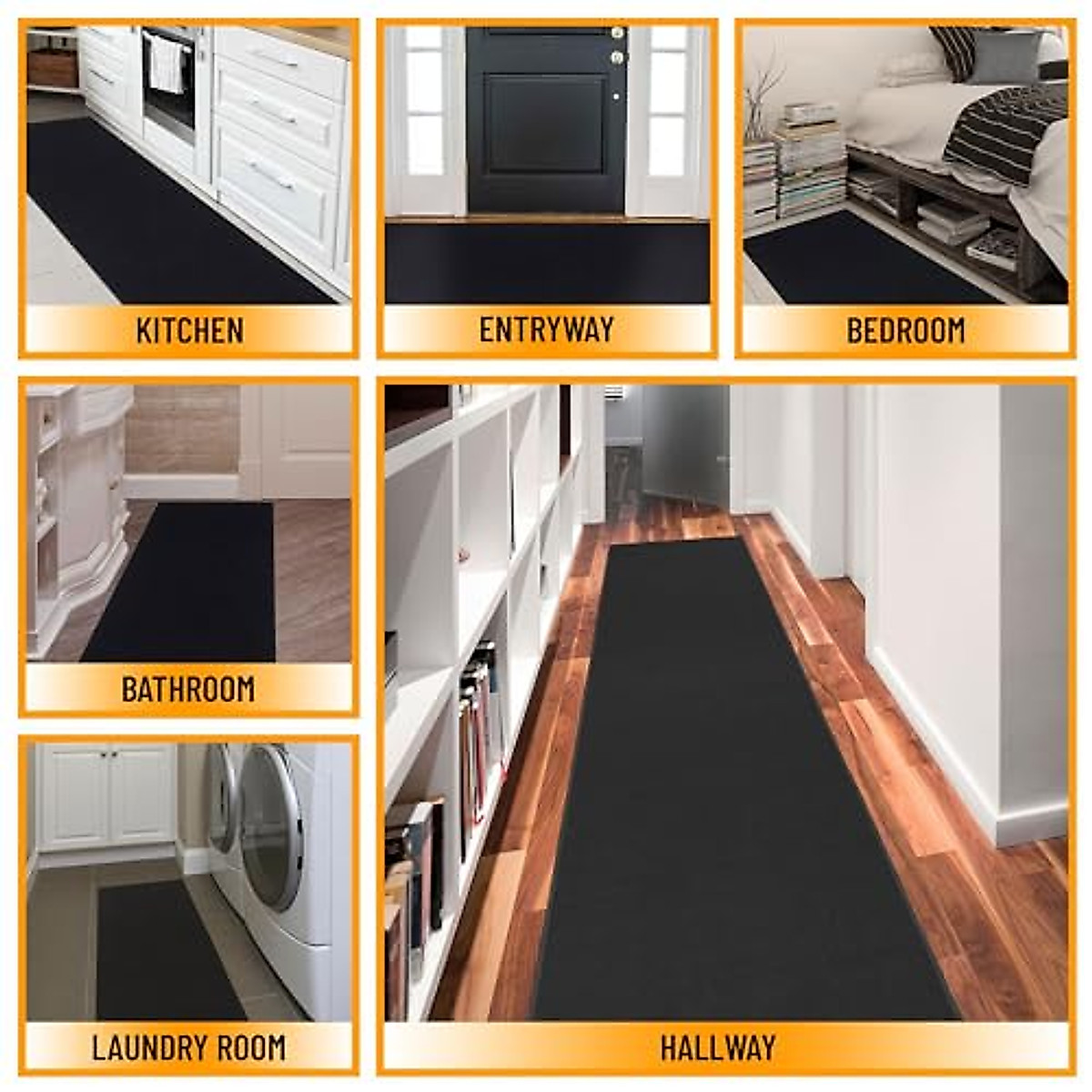 Machine Washable Modern Solid Design Non-Slip Rubberback 3x10 Traditional Runner Rug for Hallway, Kitchen, Bedroom, Living Room, 2'7" x 9'10", Black