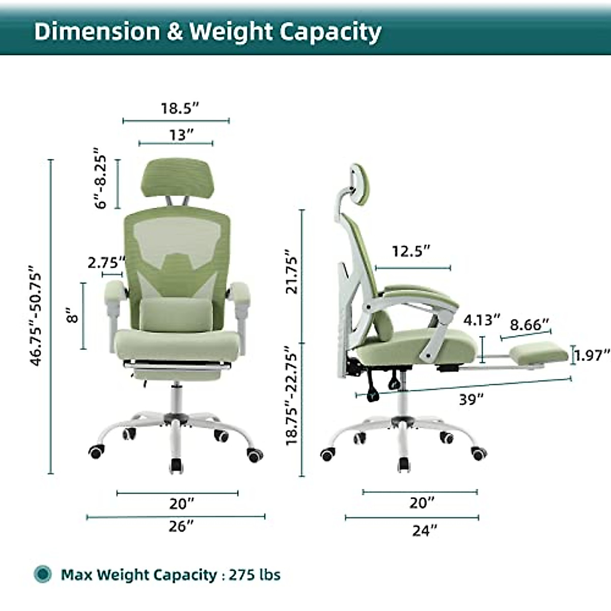 Sweetcrispy Swivel Rolling Padded Armrests Headrest, High Back Lumbar Pillow and Retractable Footrest Ergonomic Home Office, Height Adjustable Reclining Mesh Chair, Green