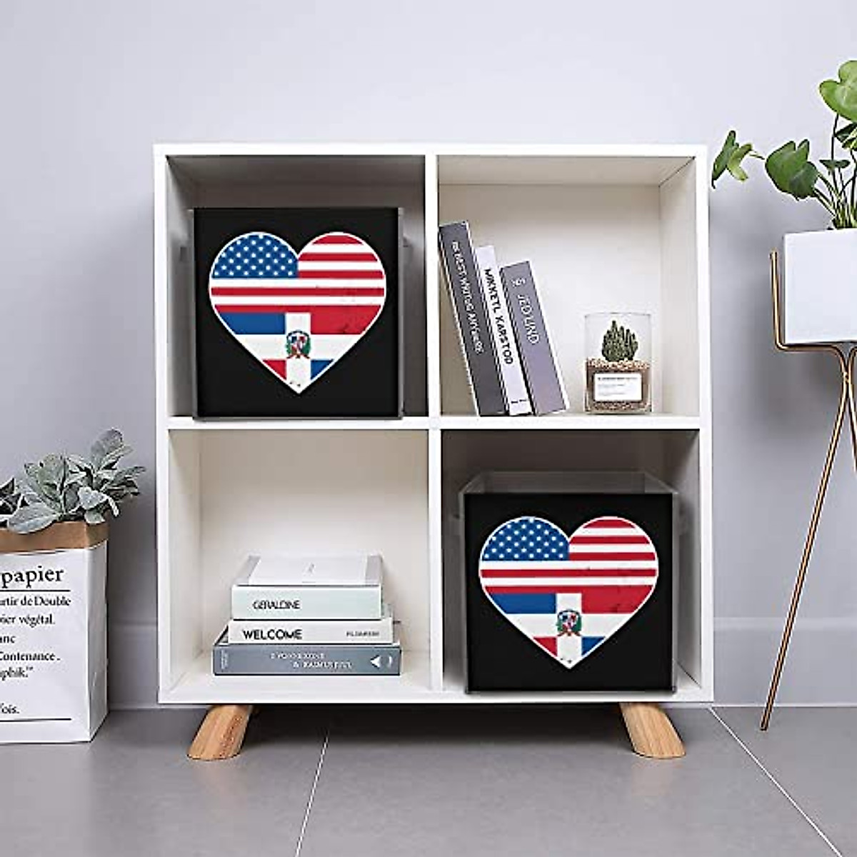 Dominican Republic and Aerican Flag Heart Foldable Storage Bins Printd Fabric Cube Baskets Boxes with Handles for Clothes Toys, 11x11x11
