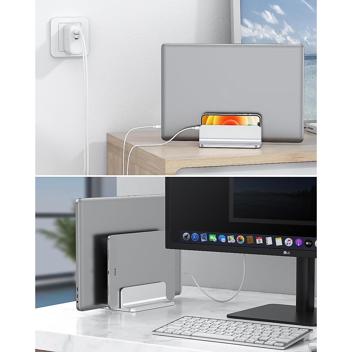 OMOTON [Updated Dock Version] Vertical Laptop Stand, Double Desktop Stand Holder with Adjustable Dock (Up to 17.3 inch), Fits All MacBook/Surface/Samsung/HP/Dell/Chrome Book (Silver)