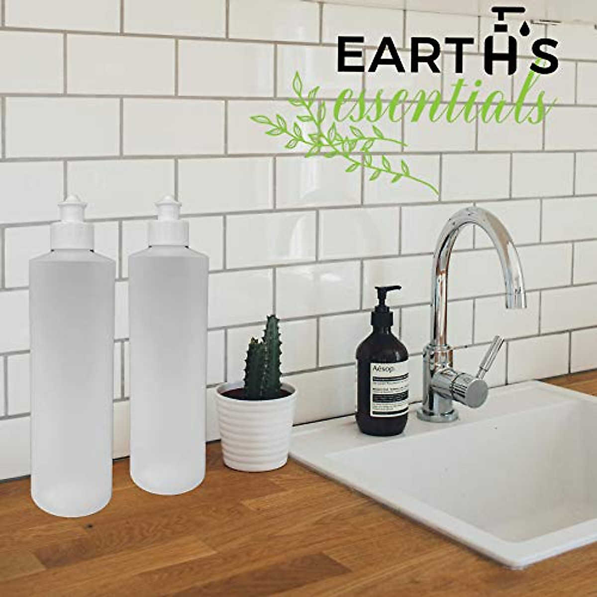 2 Pack Refillable 16 Ounce HDPE Squeeze Bottles With Push/Pull Button Top Dispenser Caps-Great For Lotions, Shampoos, Conditioners and Massage Oils From Earth's Essentials (White Cap)