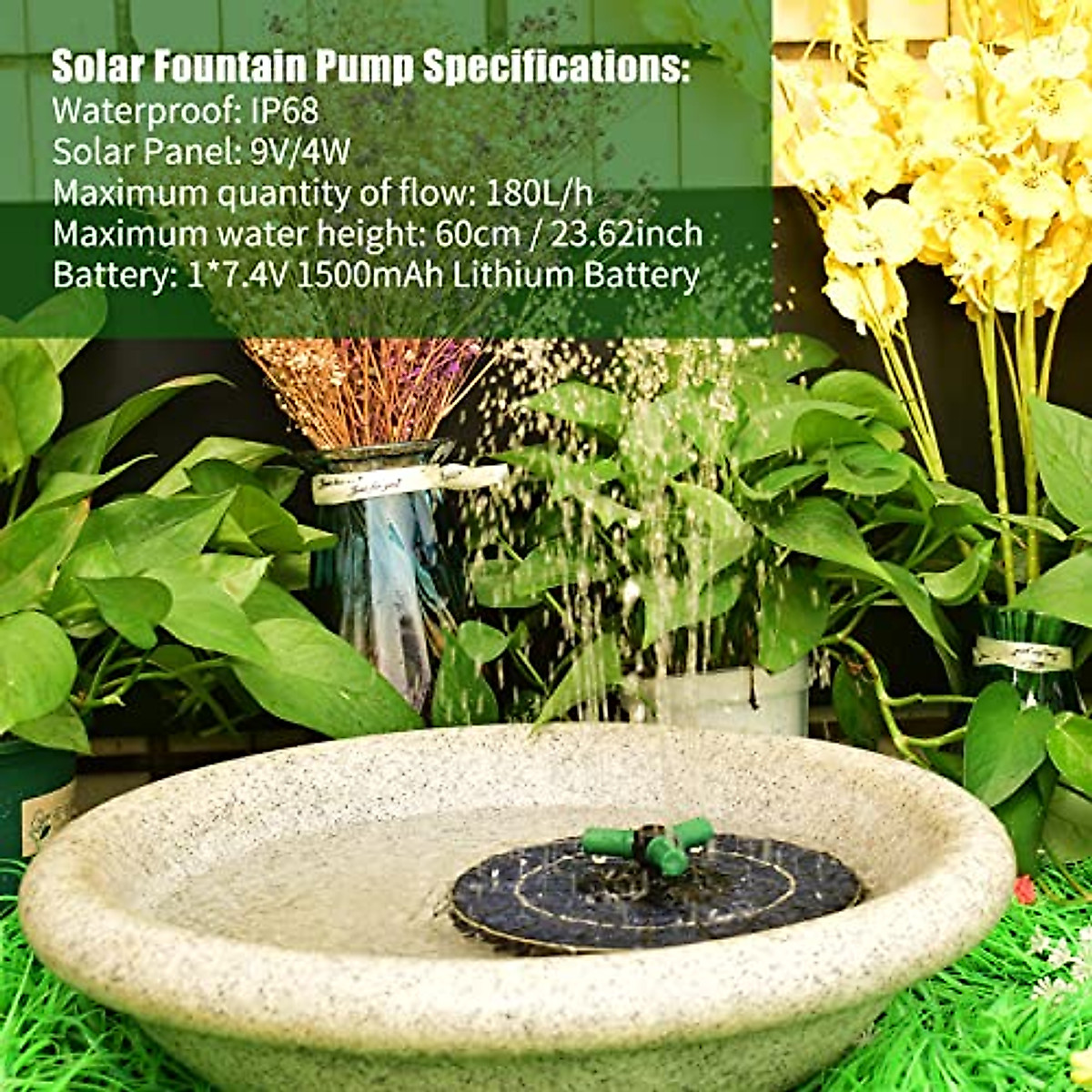 Kavolet Solar Fountain Pump with 360 Degrees Rotatable Nozzle, 4W RGB LED Solar Water Fountain, Battery Free Standing & uto-Shut Off, Water Pump for Bird Bath Garden Small Pond Outdoors