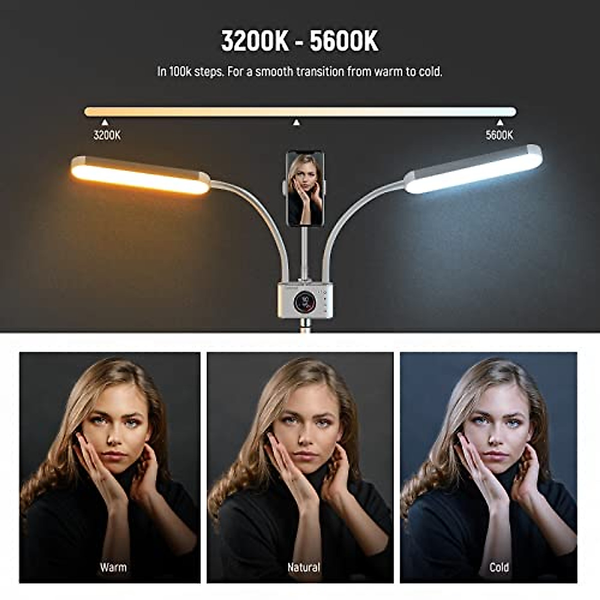 NEEWER Esthetician Light with Phone Holder & Travel Bag Kit, Support 2.4G/PC/MAC Control & Separate Control of 2 LED Light Heads, CRI98+ Bi Color Stepless Dimmable Tattoo Lighting Lash Lamp, BH40B