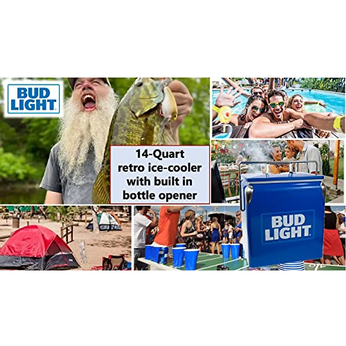 Bud Light King of Beers Retro Ice Chest Cooler with Bottle Opener 13L (14 qt), 22 Can Capacity, Yellow and Silver, Vintage Style Ice Bucket for Camping, Beach, Picnic, RV, BBQs, Tailgating, Fishing