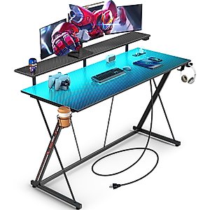 SEVEN WARRIOR Gaming Desk with LED Lights & Power Outlets, 47" Computer Desk with Monitor Shelf, Home Office Desk with Cup Holder and Headphone Hook, Ergonomic, Carbon Fiber Surface Black