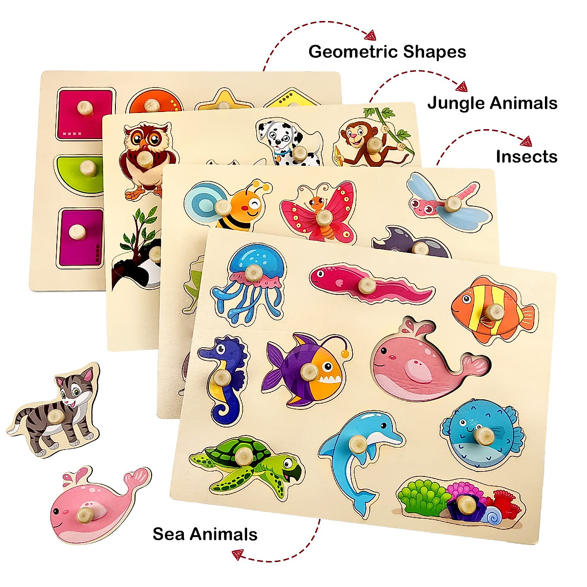 Wooden Peg Puzzles for Toddlers, 4 Pack Toddler Puzzles Set with Wooden Knobs, Preschool Learning Educational Animals Shapes Insects Pegged Puzzle Toys for 2 3 Year Old (Style 1)