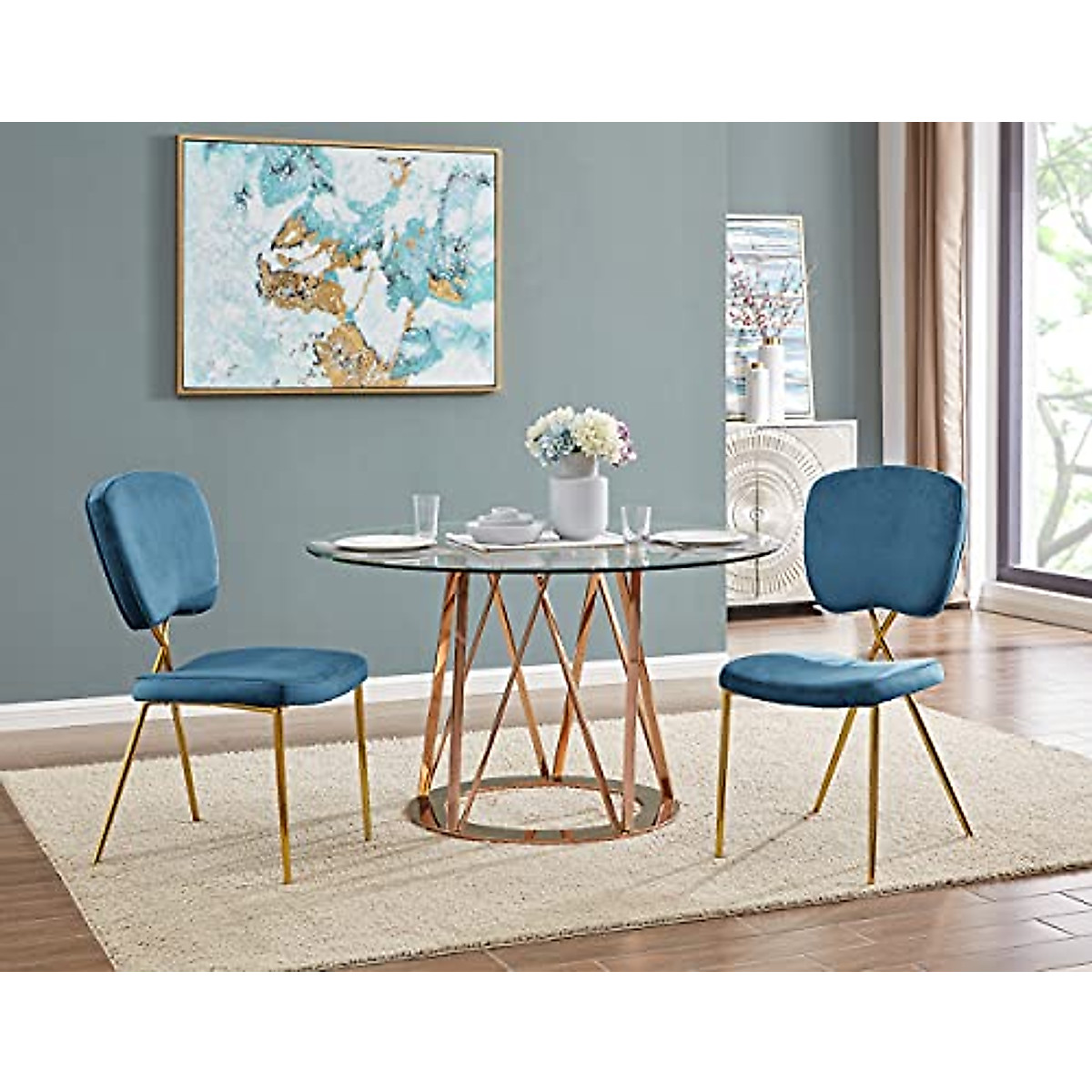 Iconic Home Chrissy Dining Side Chair Velvet Upholstered Half Back and Seat Solid Gold Tone Metal Legs (Set of 2) Modern Contemporary, Blue